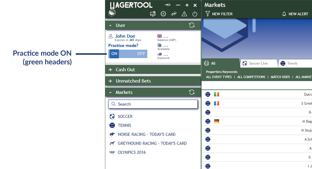 Practice mode | User Guide | Wagertool